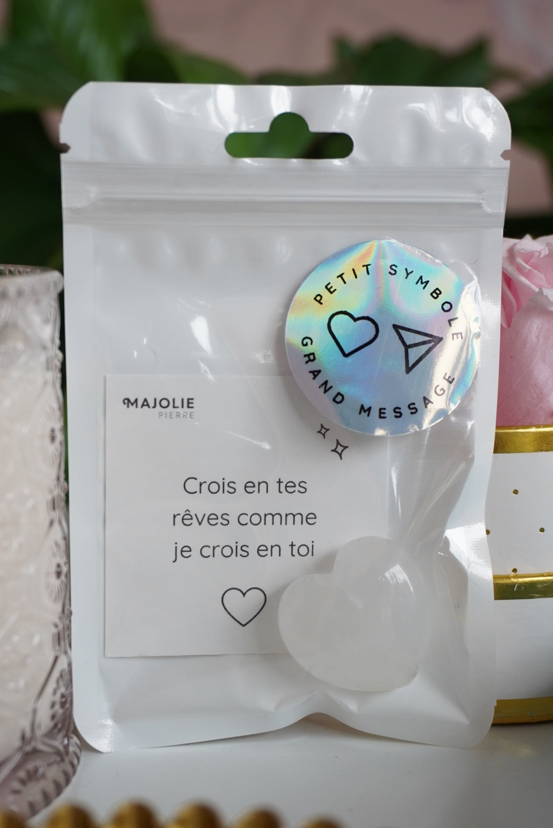 Sachet Pierre et Message : coeur en cristal de roche